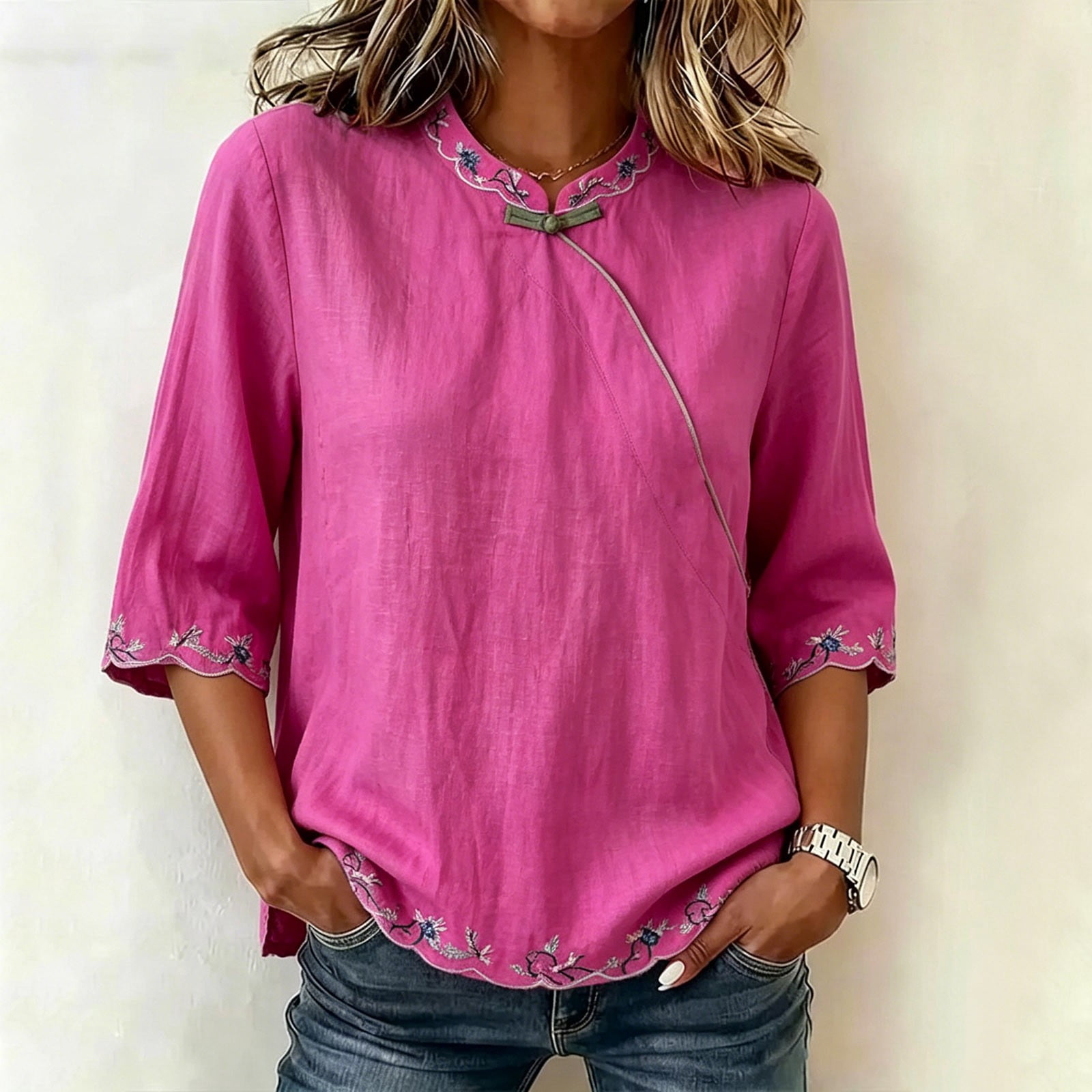 ZunFeo Womens Linen Cotton Loose Fit Embroidered Blouse Mandarin Collar ...