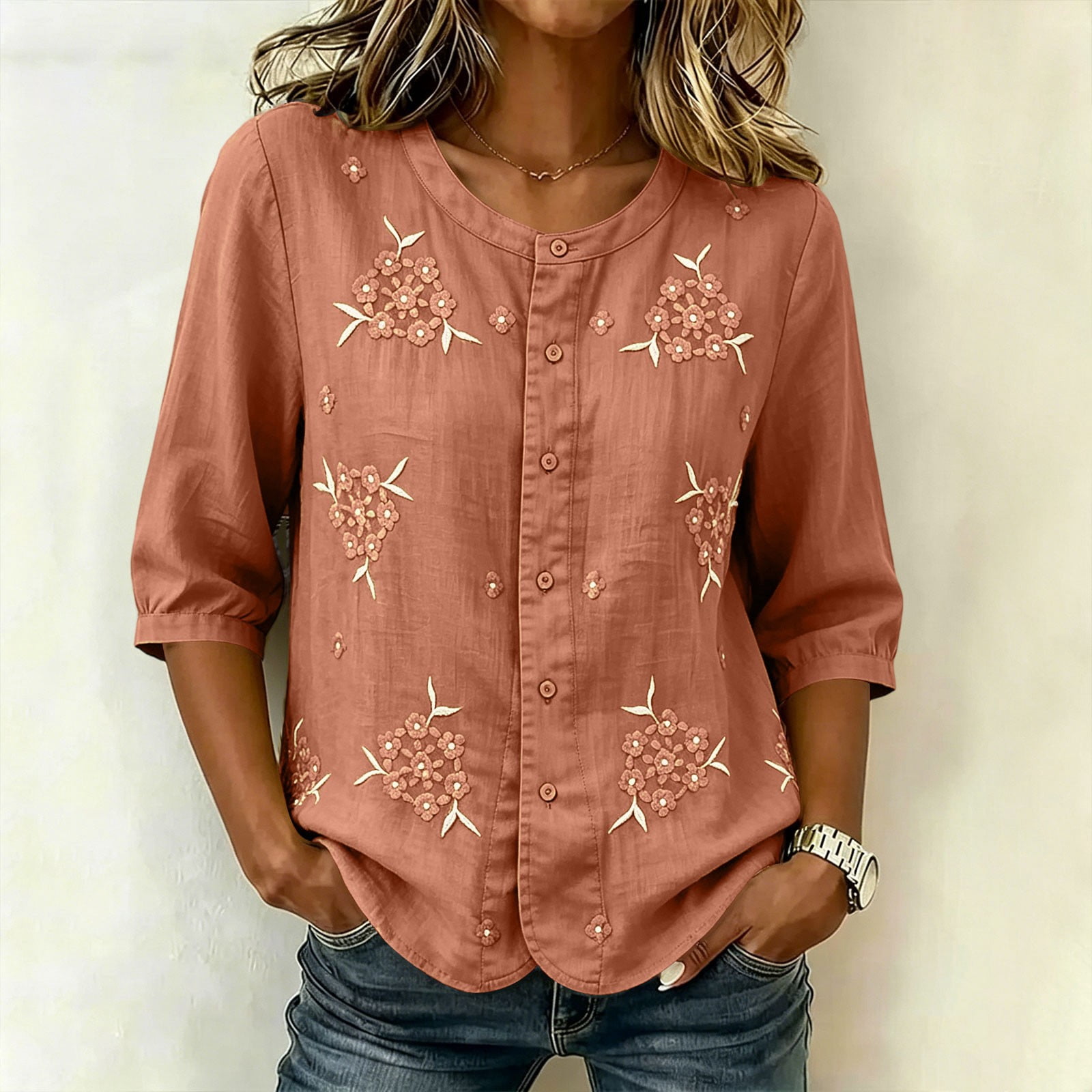 ZunFeo Womens Orange Cotton Blend Blouse Floral Embroidery 3/4 Sleeve ...
