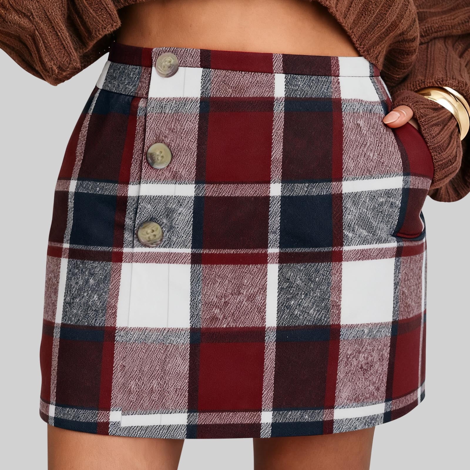 ZunFeo Womens Wine Plaid Mini Skirt High Waisted, Wool Blend Tartan ...