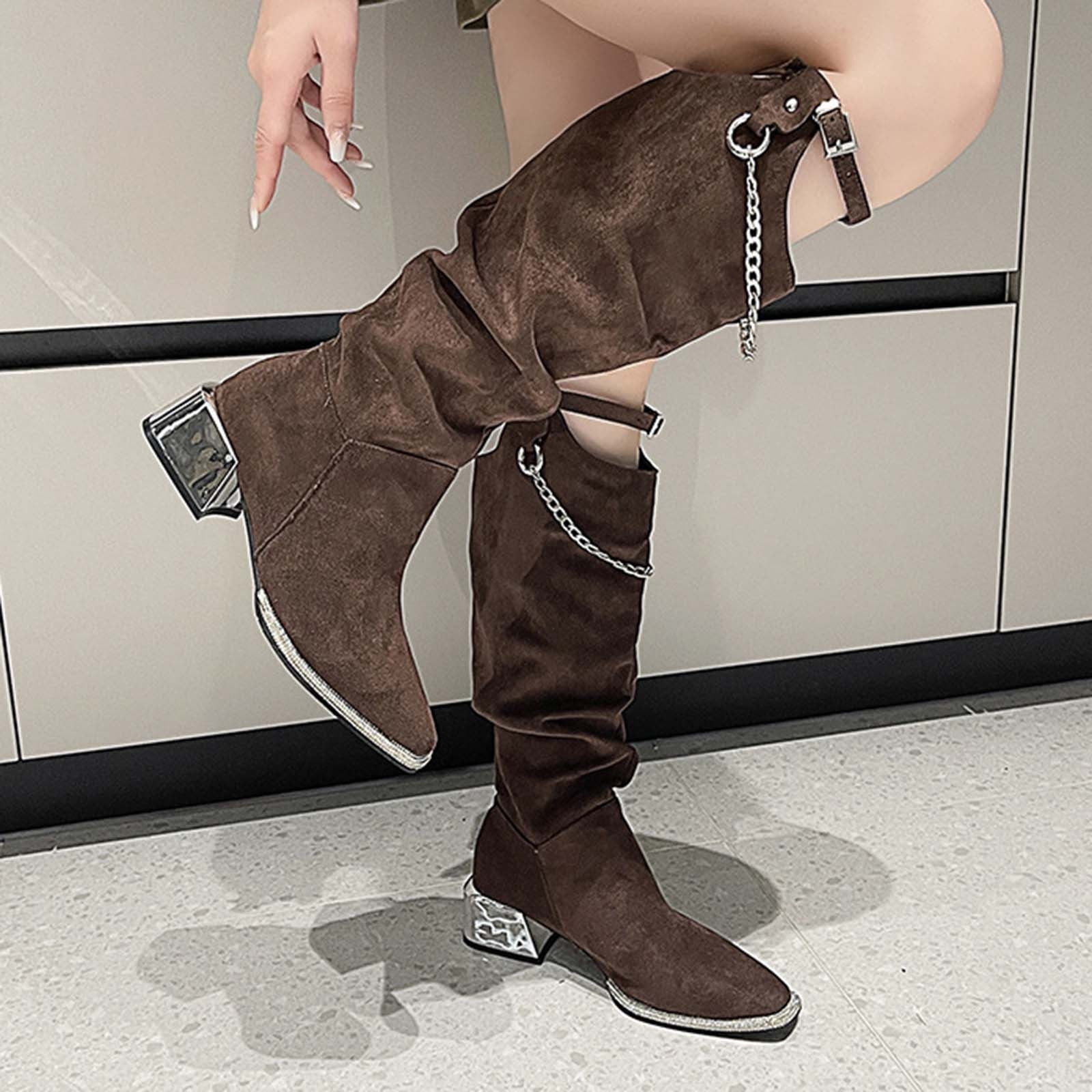 Fitoron Knee High Boots for Women Suede Slouch Boots Chunky Heel Fall ...