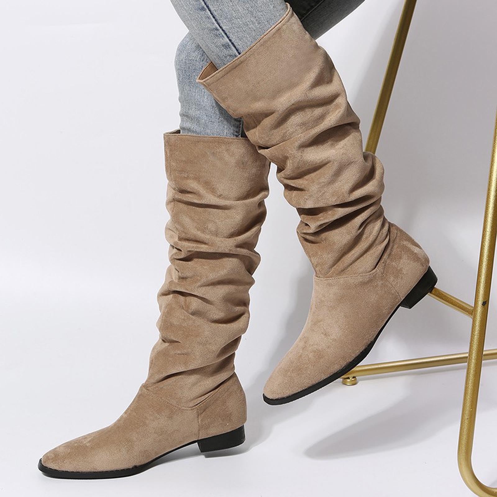Fitoron Knee High Boots For Women Suede Slouch Boots Low Heel Fall Winter Cowgirls Boots