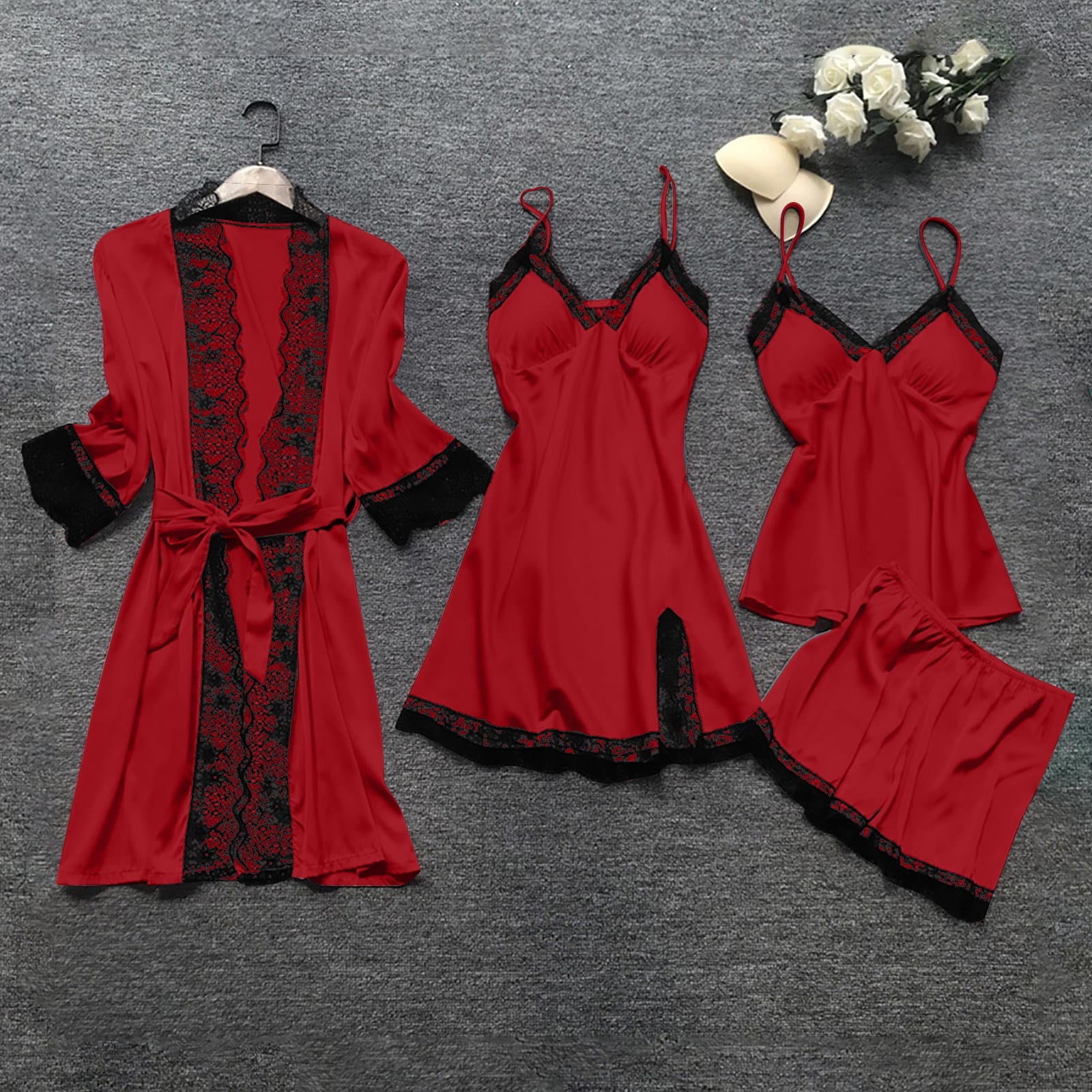 Zunfeo Satin Pajama Set for Women Sexy Lace Nightgown 4 Piece Sleepwear ...
