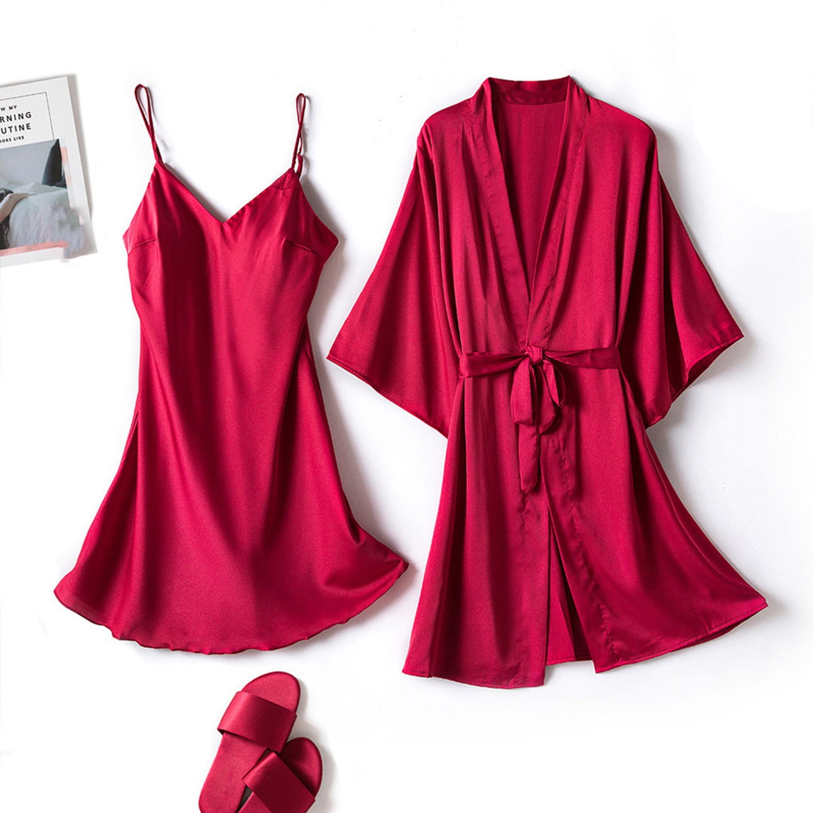 Zunfeo Satin Nightgown for Women with Robes Sexy Pajama Sleepwear 2 ...