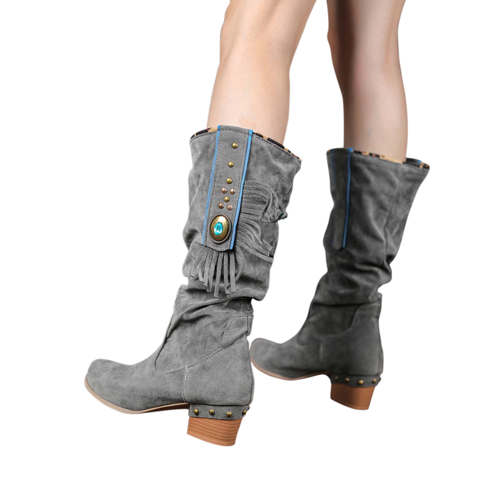 Fitoron Women's Mid Calf Boots Tassels Suede Slouch Boots Block Heel ...