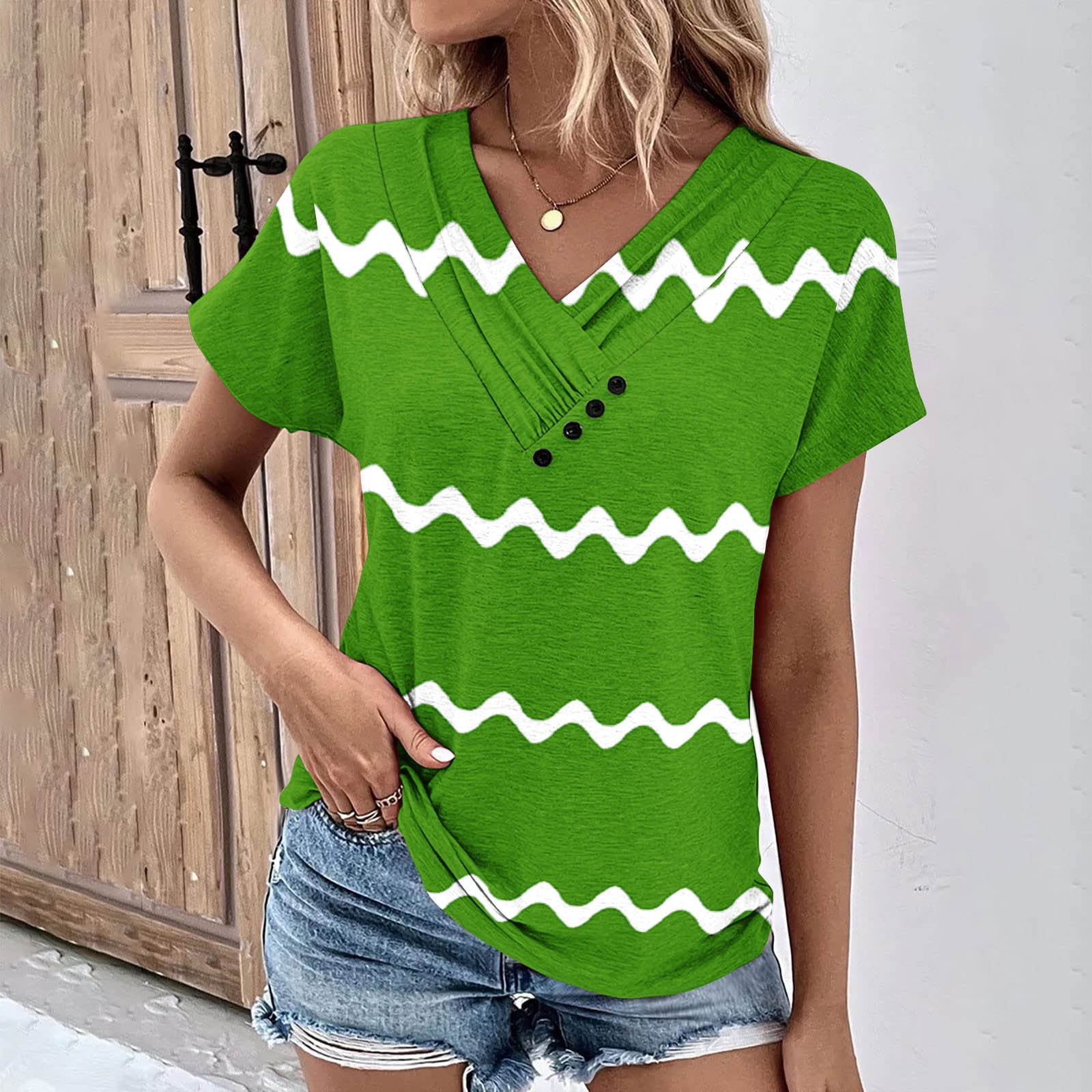 Zunfeo Womens Tops Clearance Summer Striped Short Sleeve Tops Cozy V ...