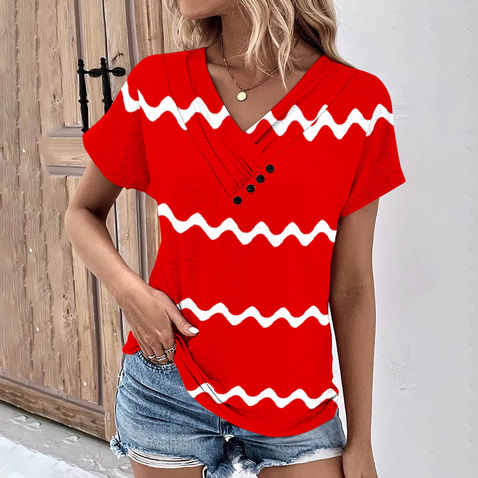 Zunfeo Womens Tops Clearance Summer Striped Short Sleeve Tops Cozy V ...