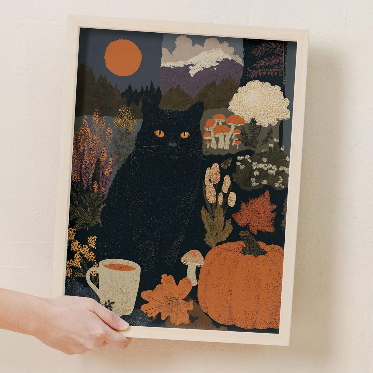 Zuno Autumn Black Cat Illustration Poster Fall Collage Wall Art ...