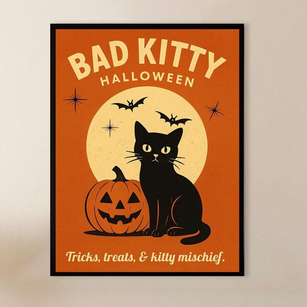 Zuno Bad Kitty Halloween Poster, Retro Black Cat Wall Art, Kitschy ...