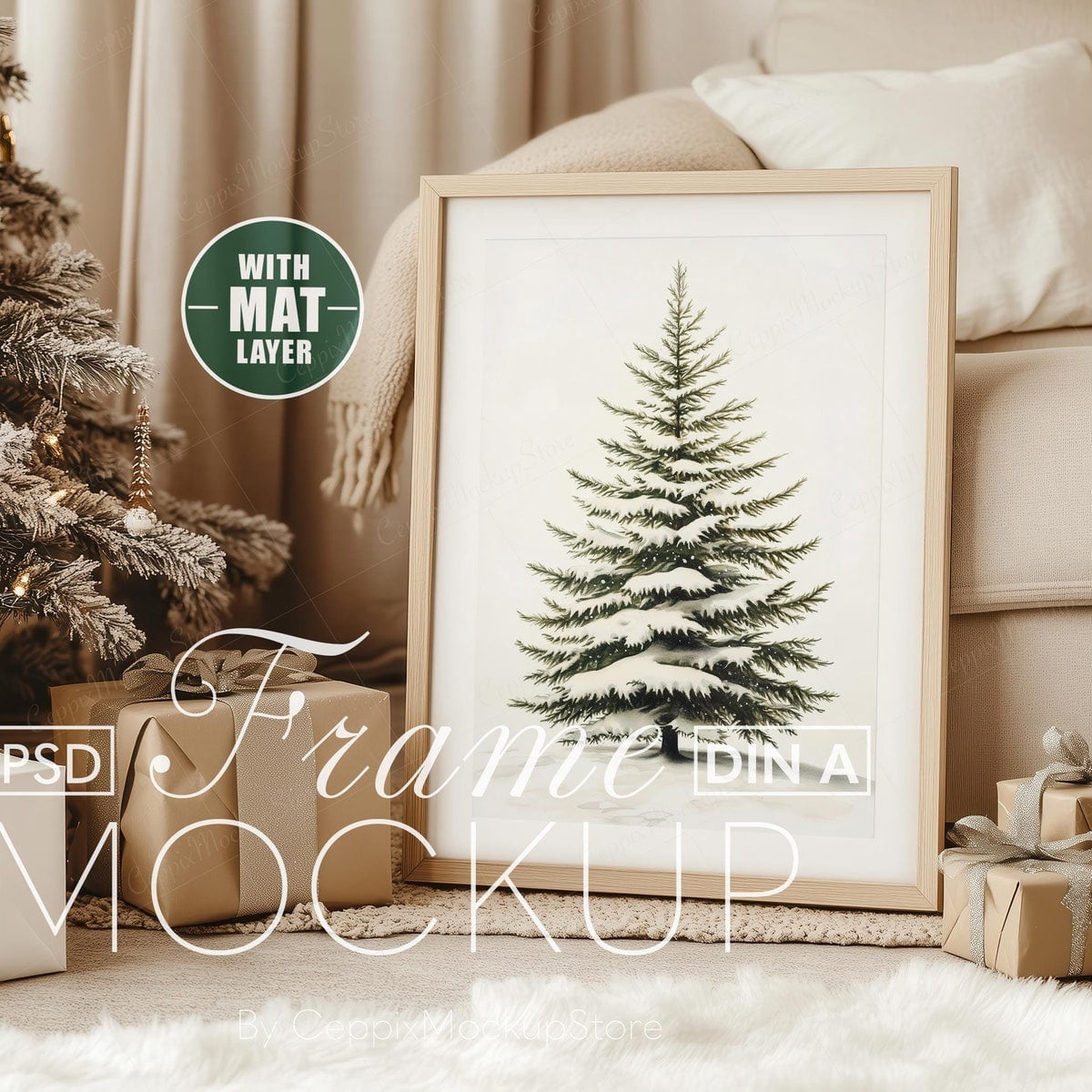 Zuno Christmas Mockup, Winter Template Glass Thin Light Wood Bundle ...