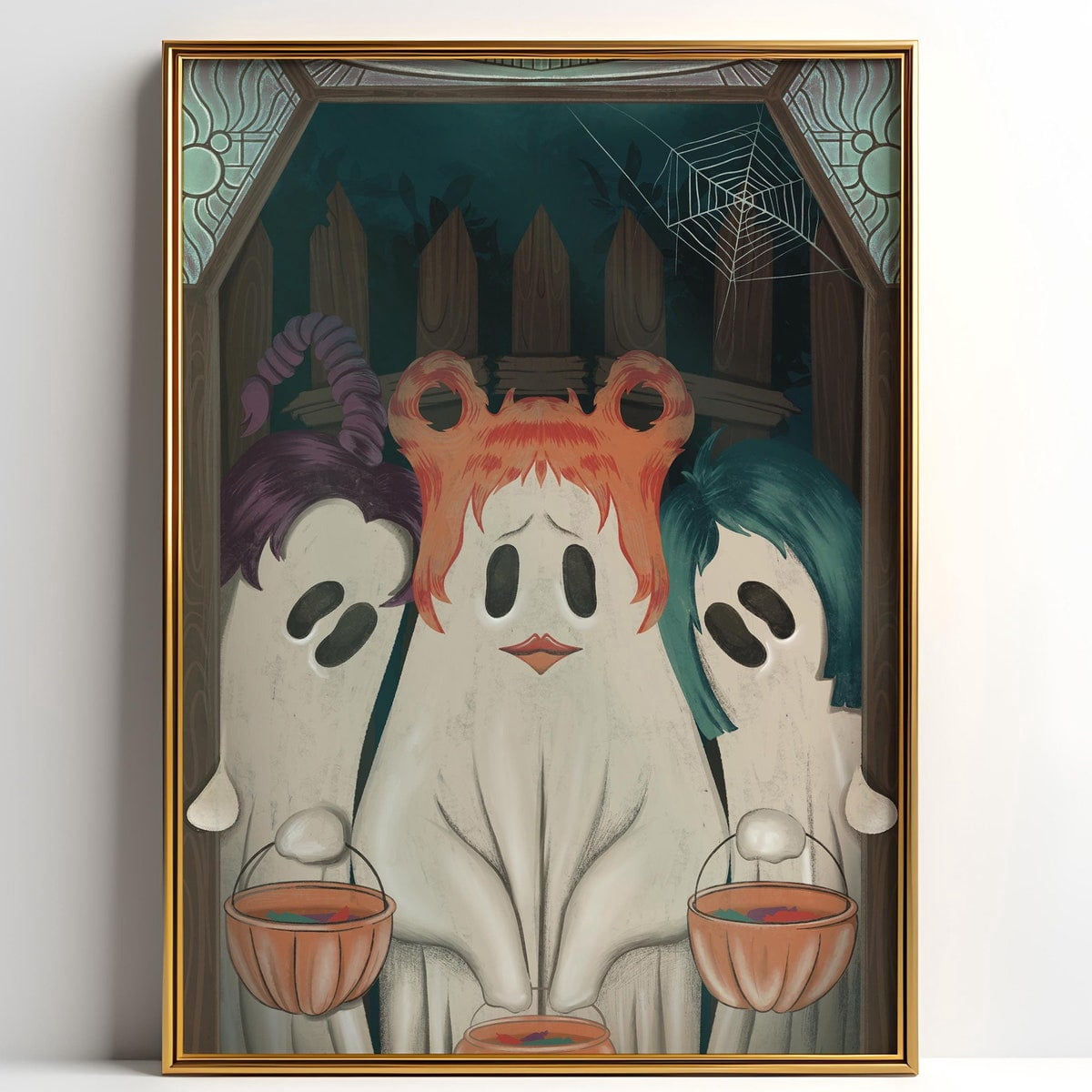 Zuno Cute Halloween Ghost Sisters Poster Spooky Trick-Or-Treat Print ...