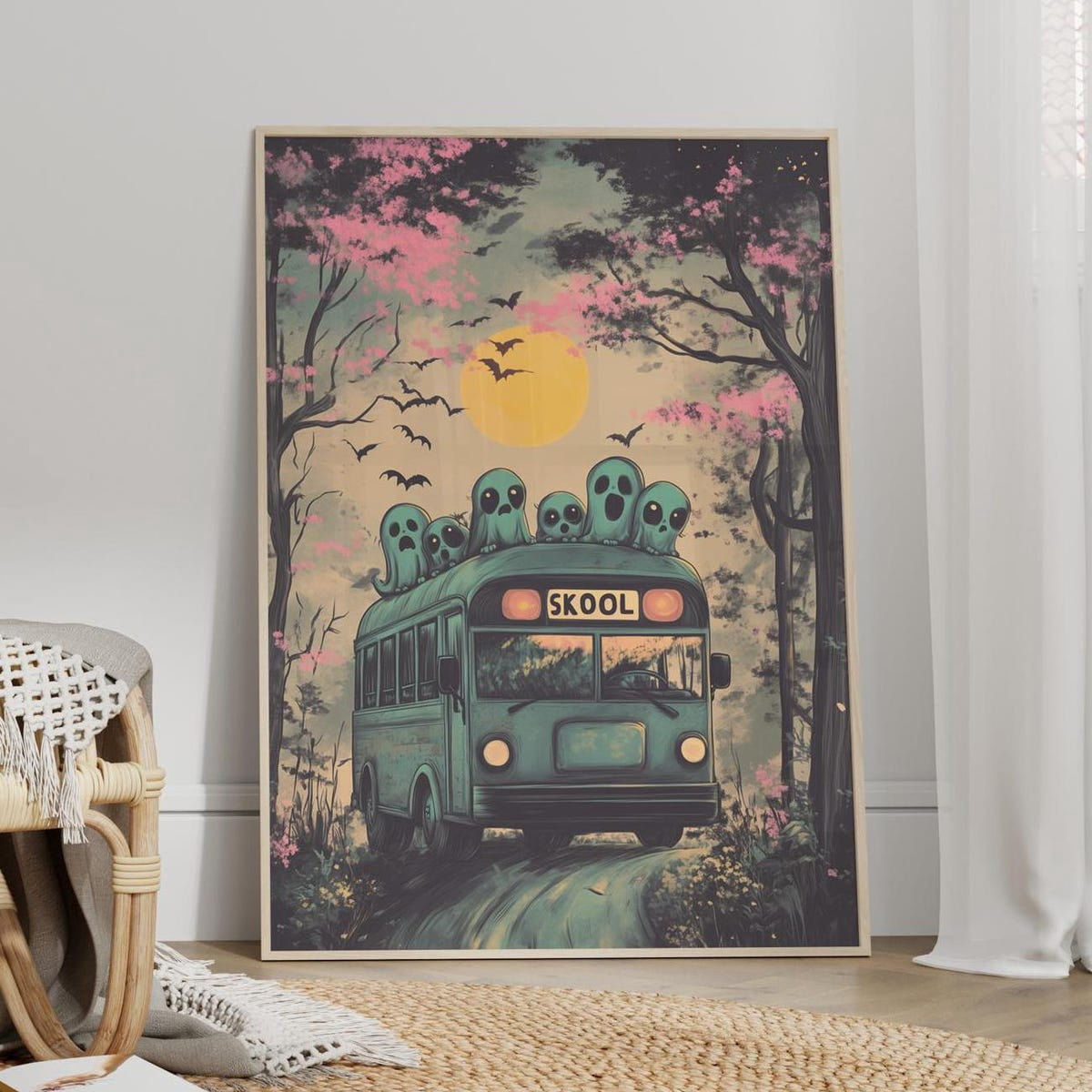 Zuno Cute School Bus Picking Up Little Ghosts Poster Or Print, Dark ...
