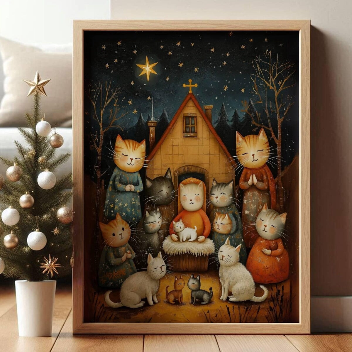 Zuno Folk Art Cat Nativity Scene Christmas Poster, Whimsical Holiday ...
