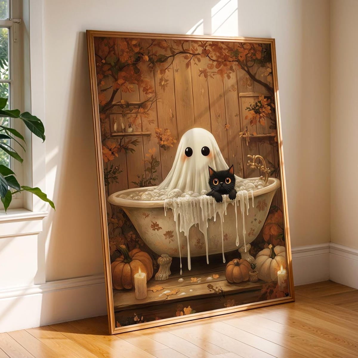 Zuno Ghost Bathroom Wall Art Cute Halloween Fall Bathroom Decor Ghostcore Black Cat Art Pumpkin ...