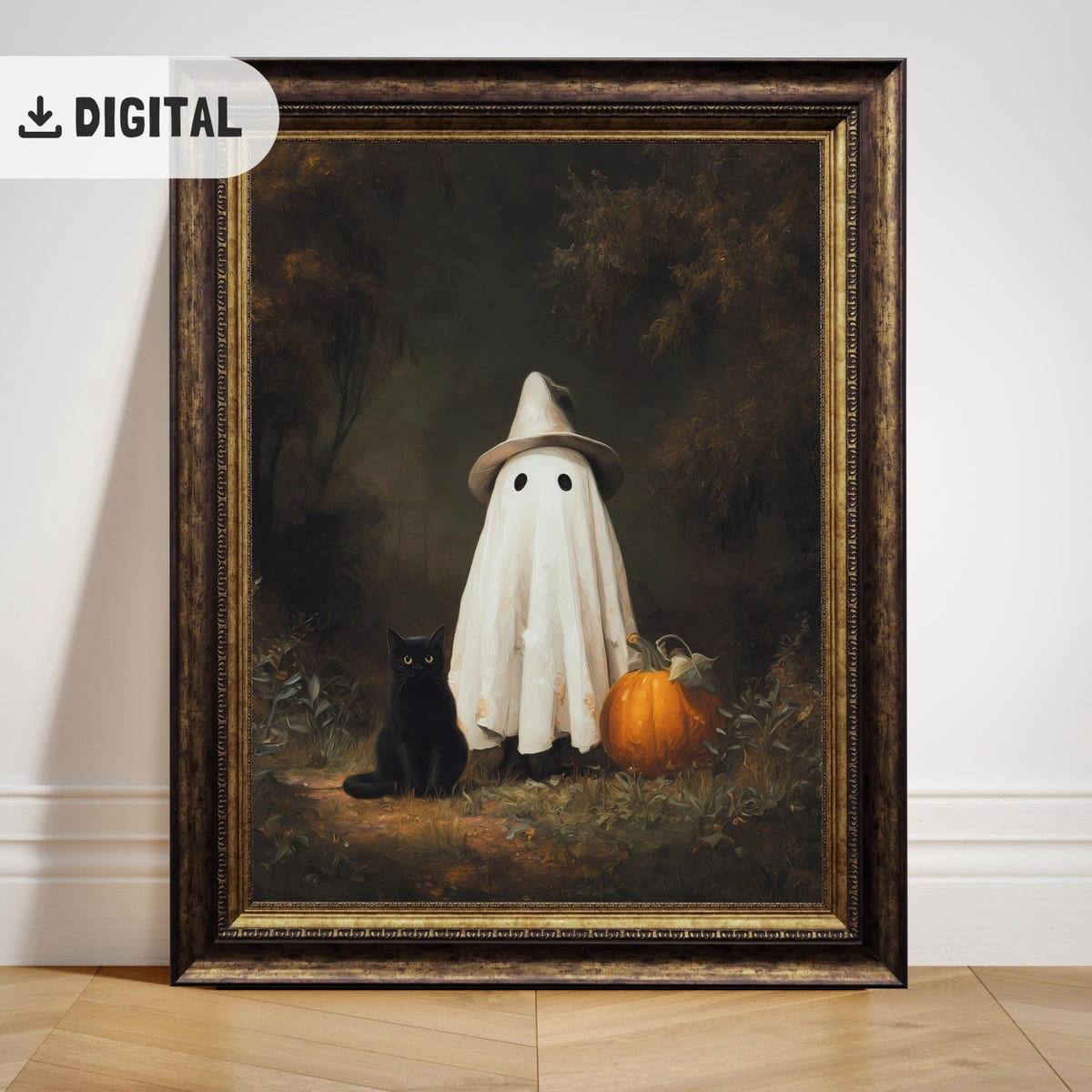 Zuno Ghost And Black Cat Halloween Print, Trendy Vintage Halloween Home ...
