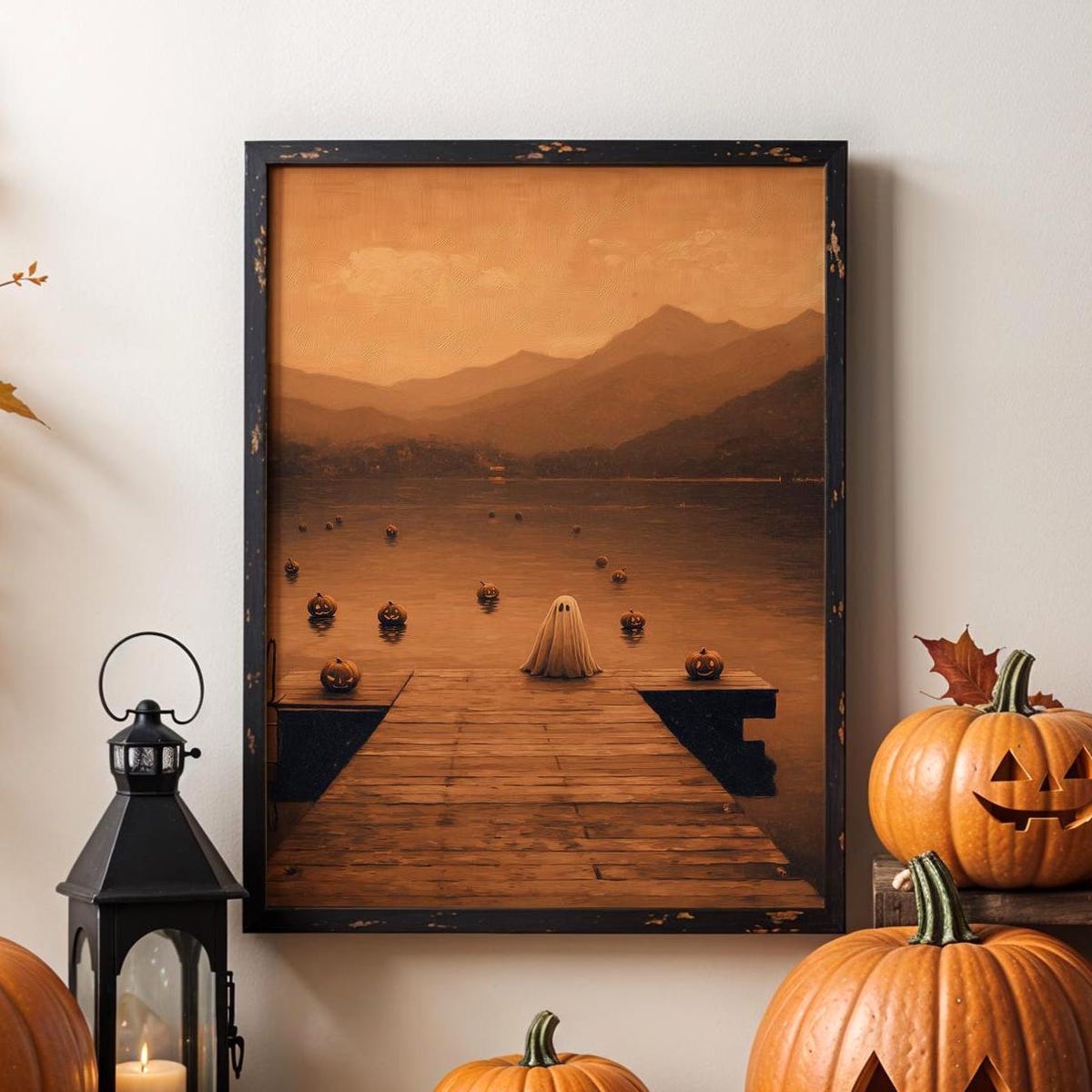 Zuno Ghost On Dock Halloween Spooky Lake Print Fall Wall Decor Cute ...