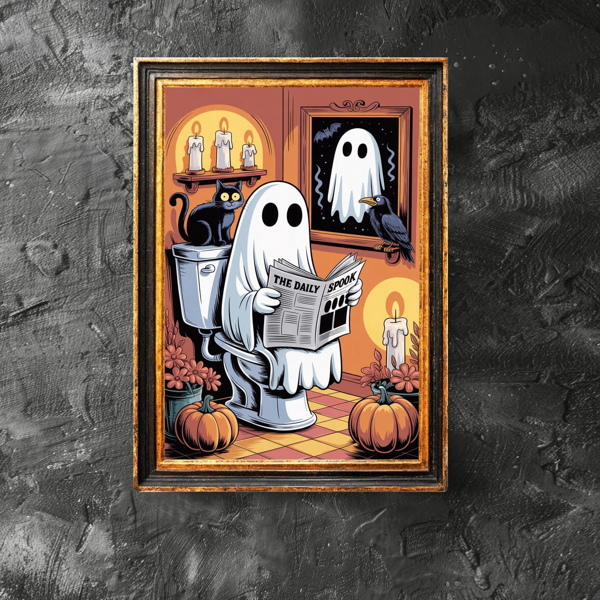 Zuno Ghost Reading A Newspaper On Toilet Poster, Spooky Book Decor ...