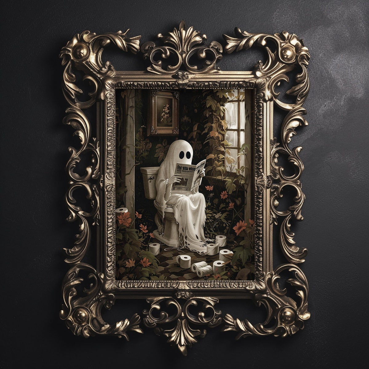 Zuno Ghost Reading Newspaper On Toilet Print, Dark Academia, Whimsical ...