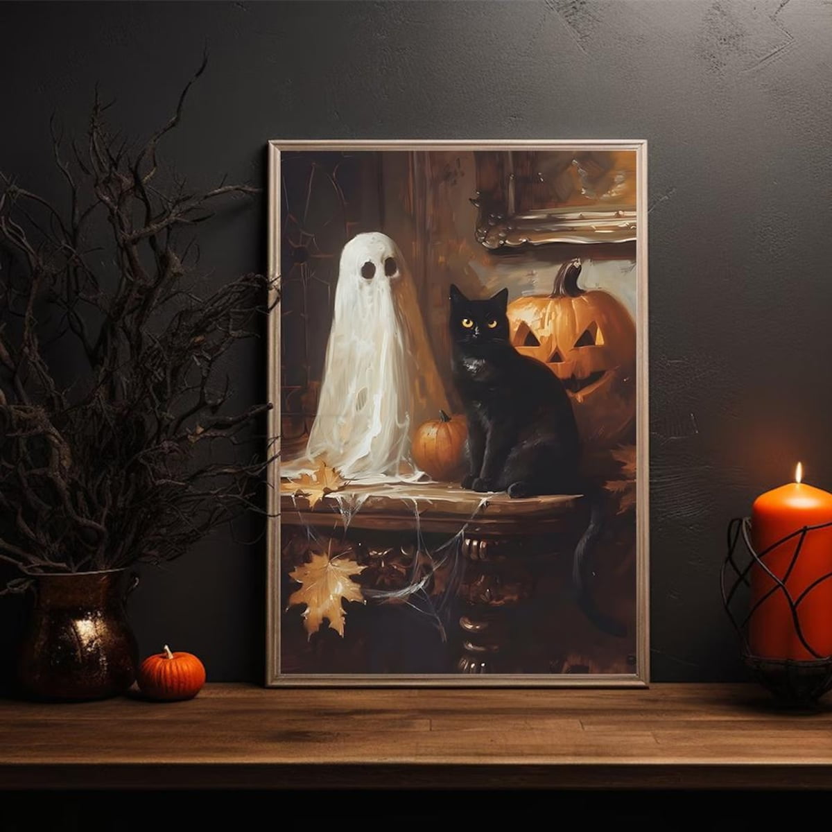 Zuno Halloween Black Cat And Ghost Art Print, Vintage Halloween Poster ...