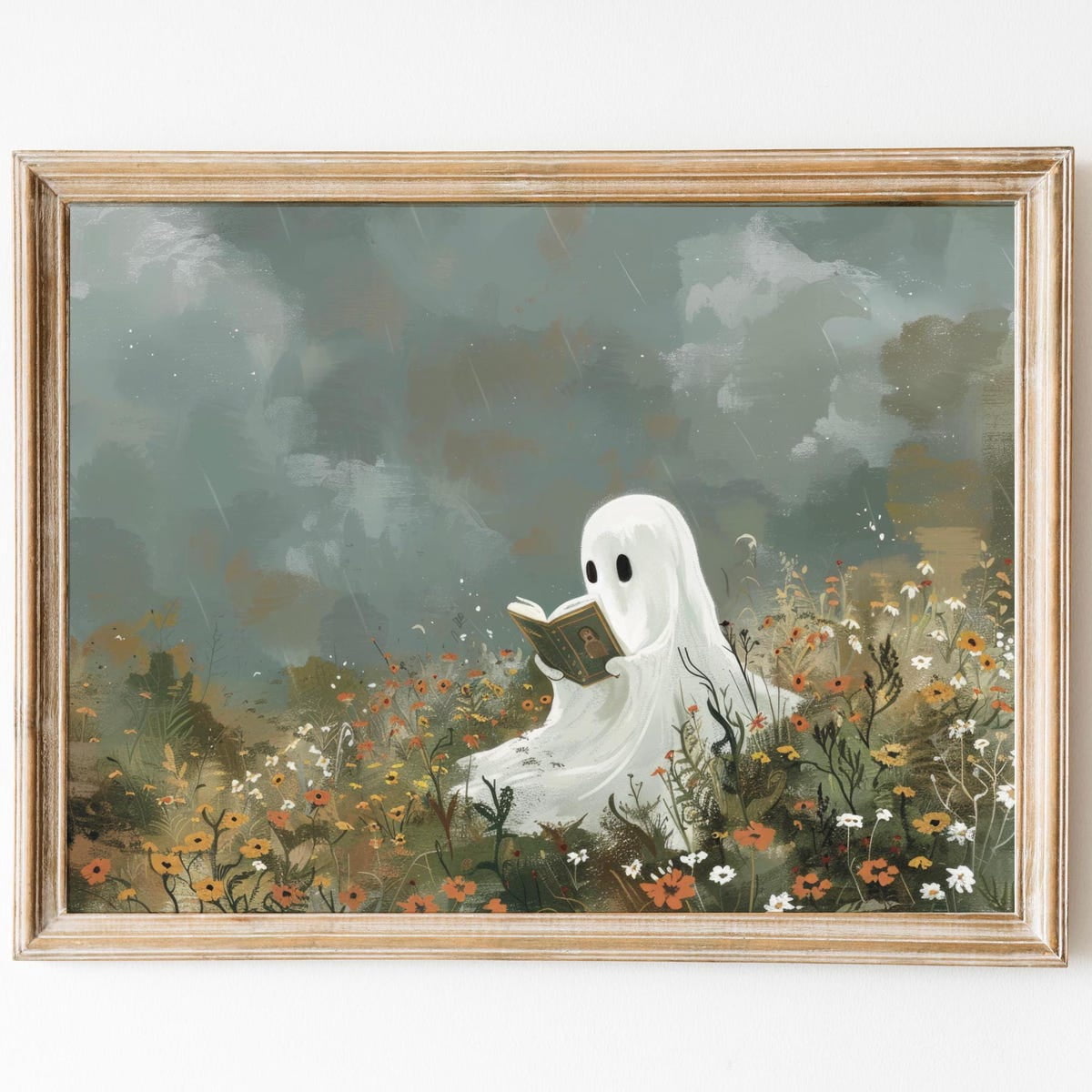 Zuno Halloween Cute Ghost Reading In Flower Field, Spooky Ghost Print ...