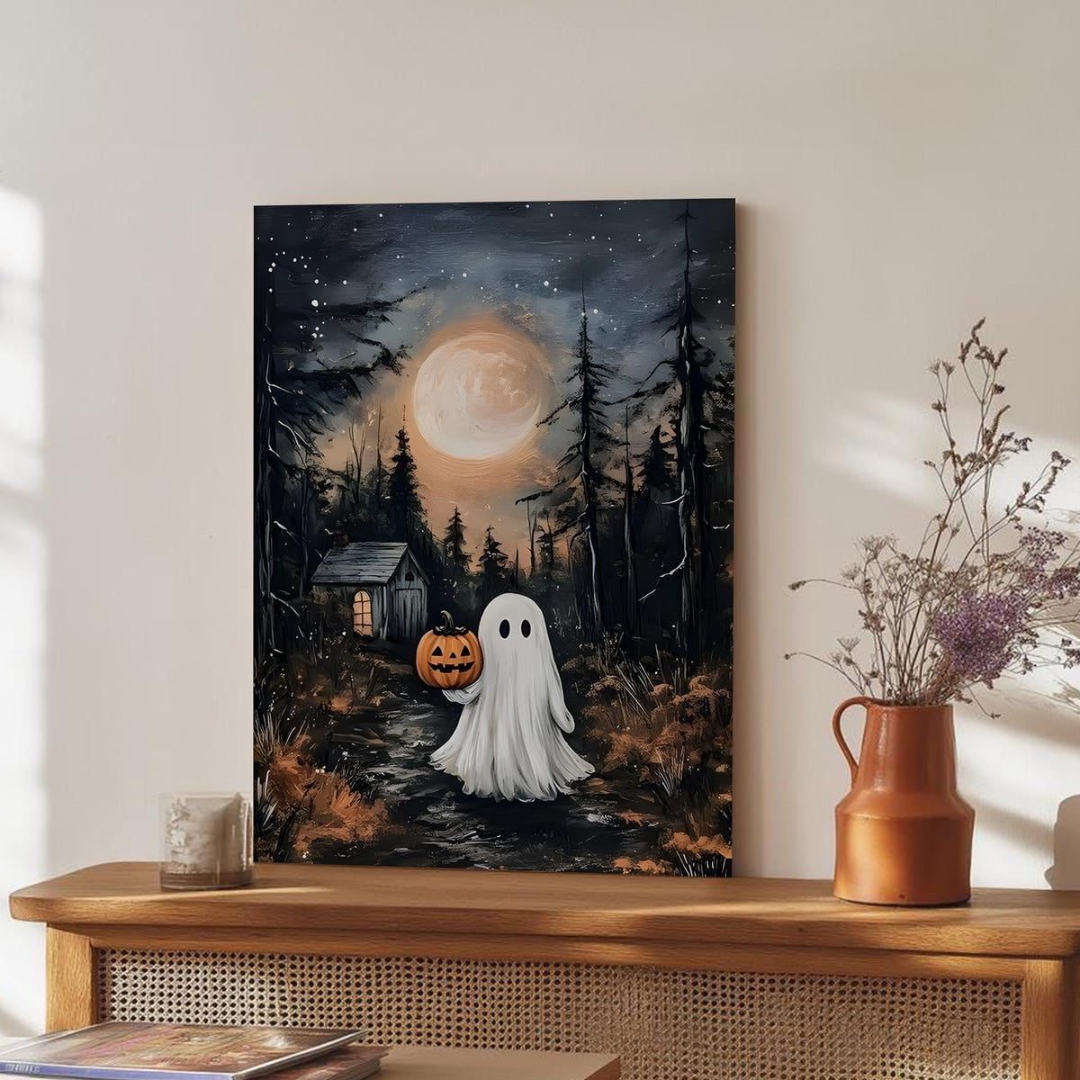 Zuno Halloween Ghost Wall Art, Cute Forest Spirit With Pumpkin, Spooky Moon Print, Ai Haunted ...