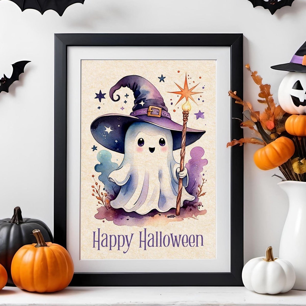 Zuno Happy Halloween Wall Art Ghost Poster Cute Witch Ghost With Magic ...