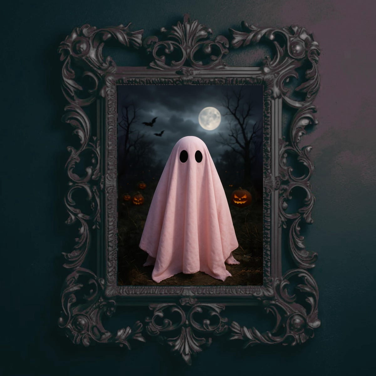 Zuno Pink Ghost With Pumpkins Halloween Wall Art Pastel Spooky Ghost ...