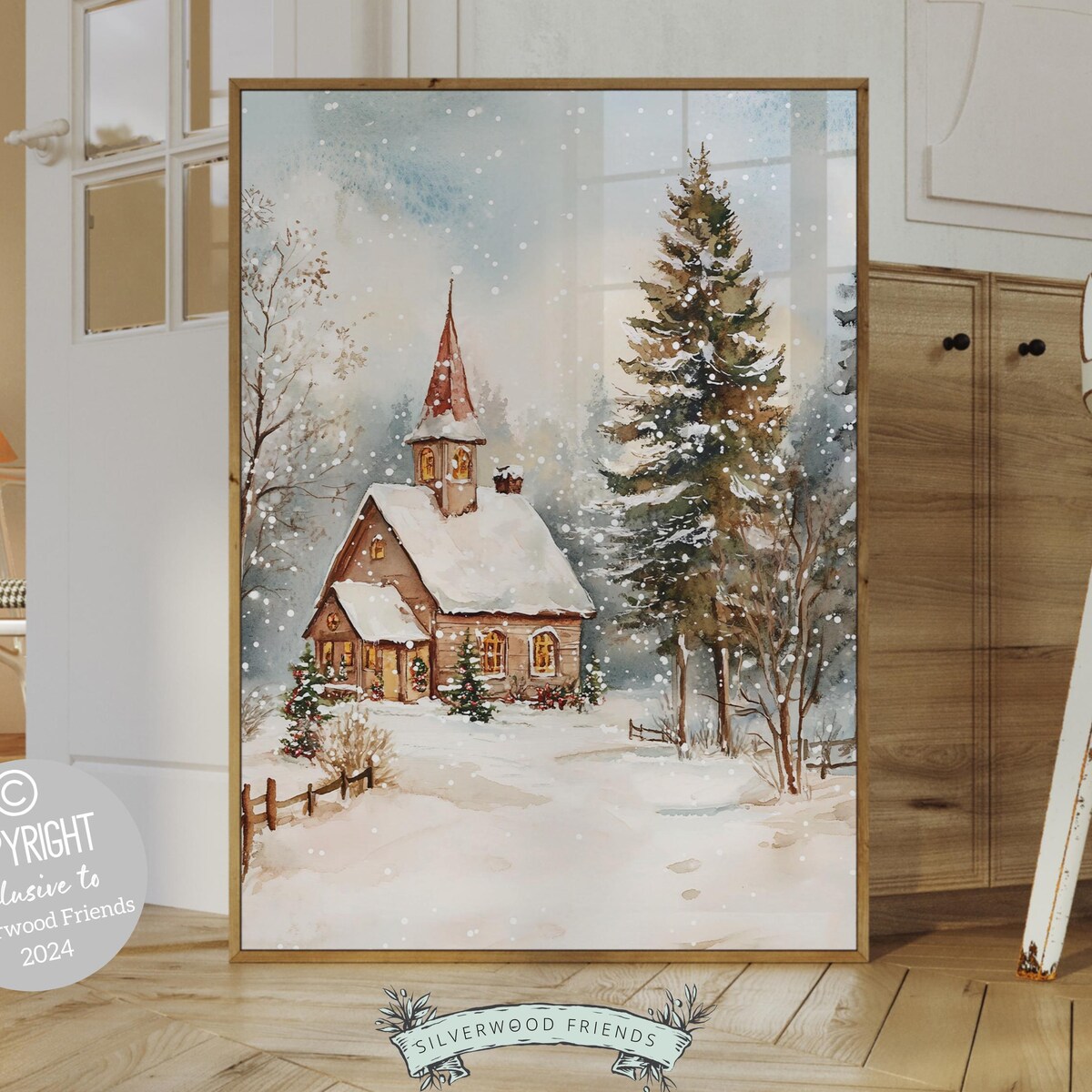 Zuno Vintage Christmas Church Print, Christmas Wall Art, Festive ...