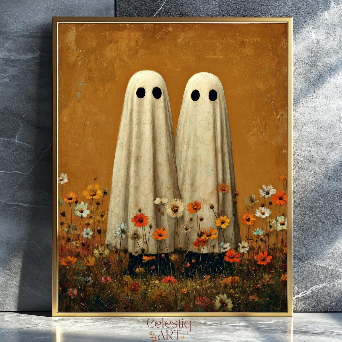 Zuno Vintage Cute Ghosts In Wildflower Meadow Print, Moody Ghosts ...