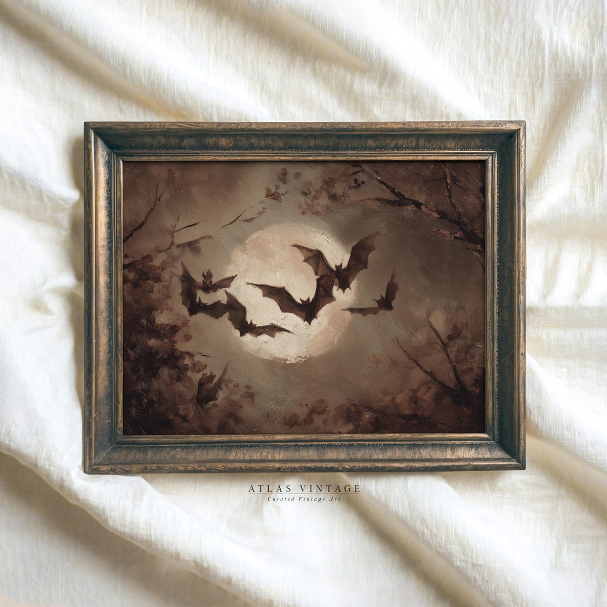 Zuno Vintage Flying Bats Halloween Print, Full Moon Gothic Fall Forest ...