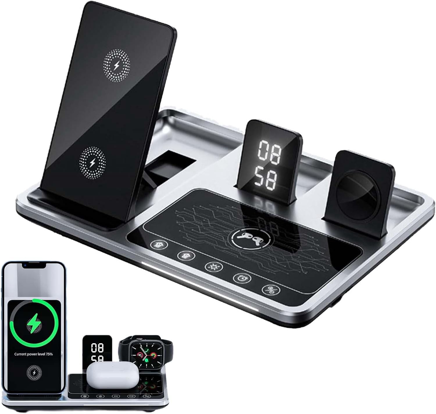 Zureze Charging Station, 4 in 1 Alarm Clock Wireless Charger Stand, 30W ...