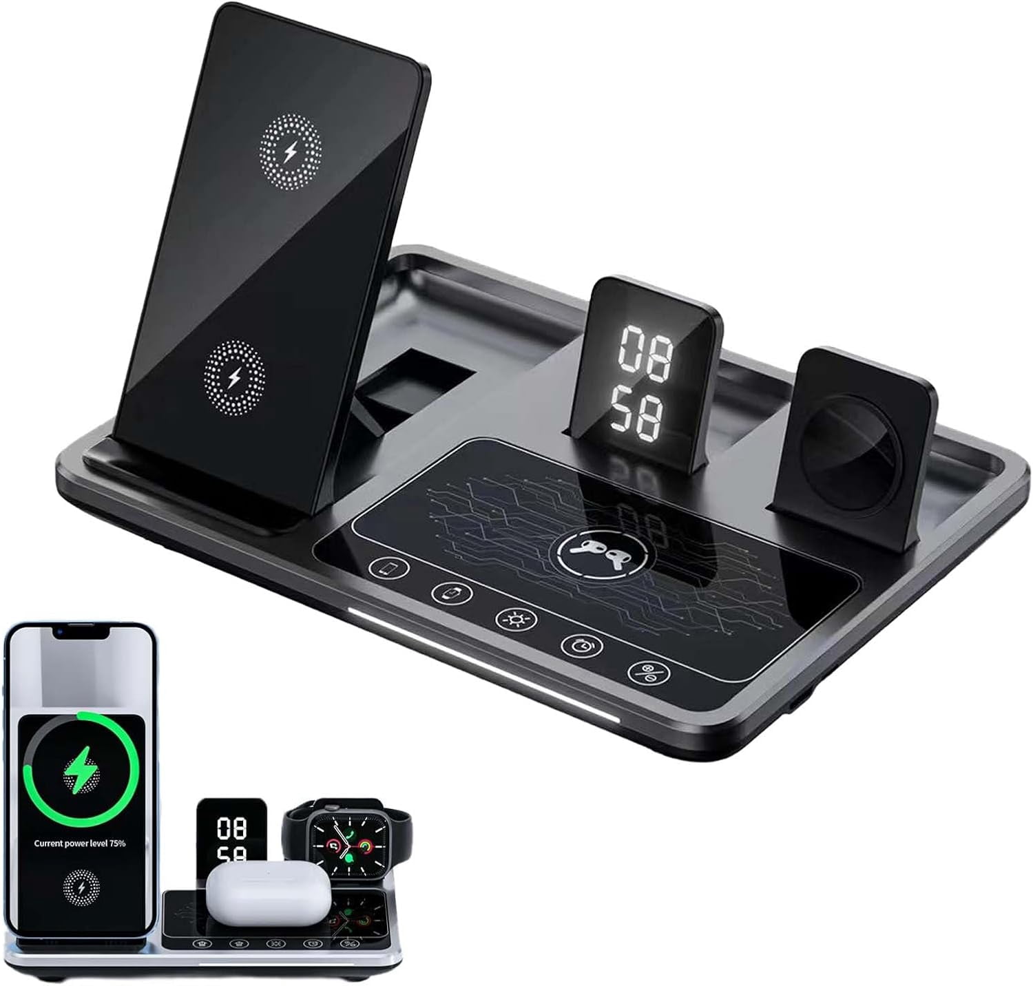 Zureze Charging Station, 4 in 1 Alarm Clock Wireless Charger Stand ...