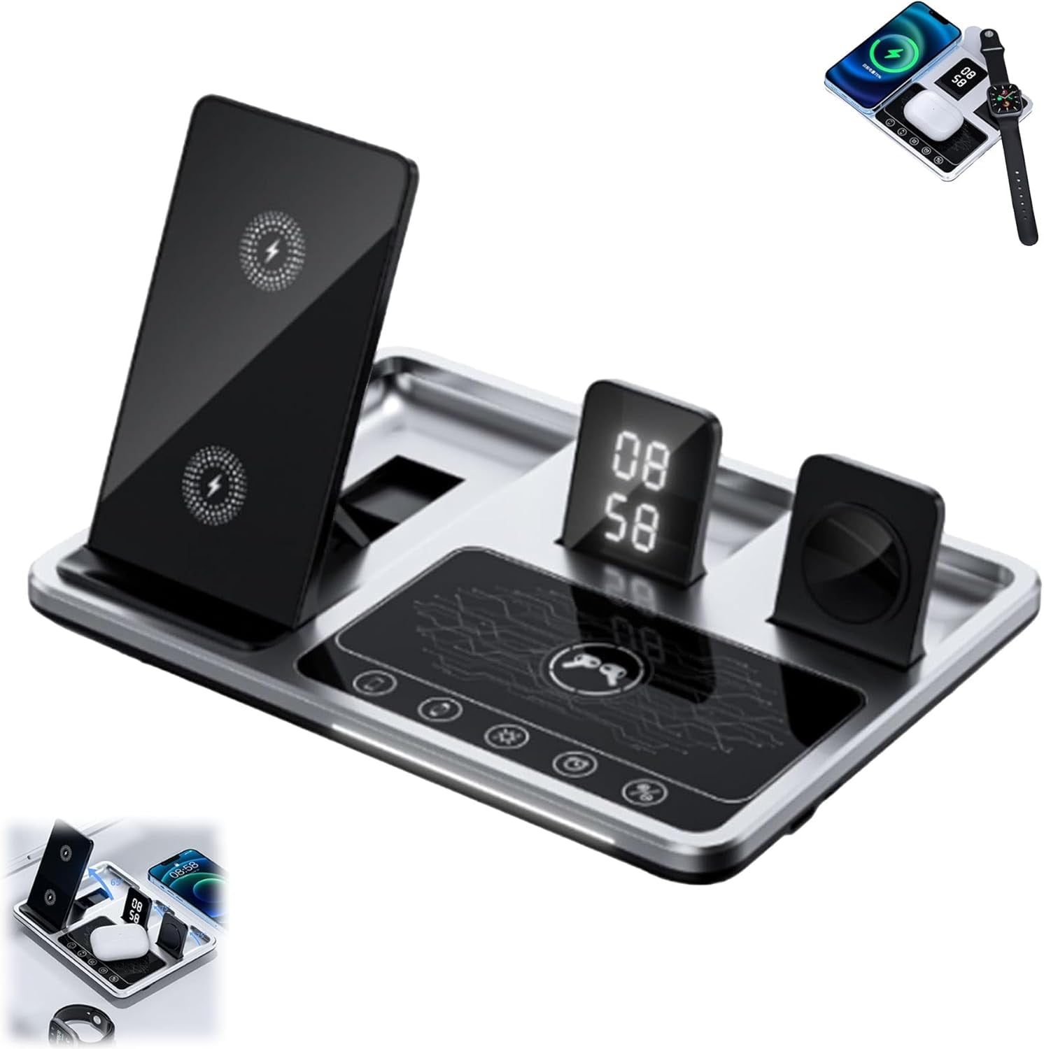 Zureze Charging Station, 4 in 1 Alarm Clock Wireless Charger Stand ...