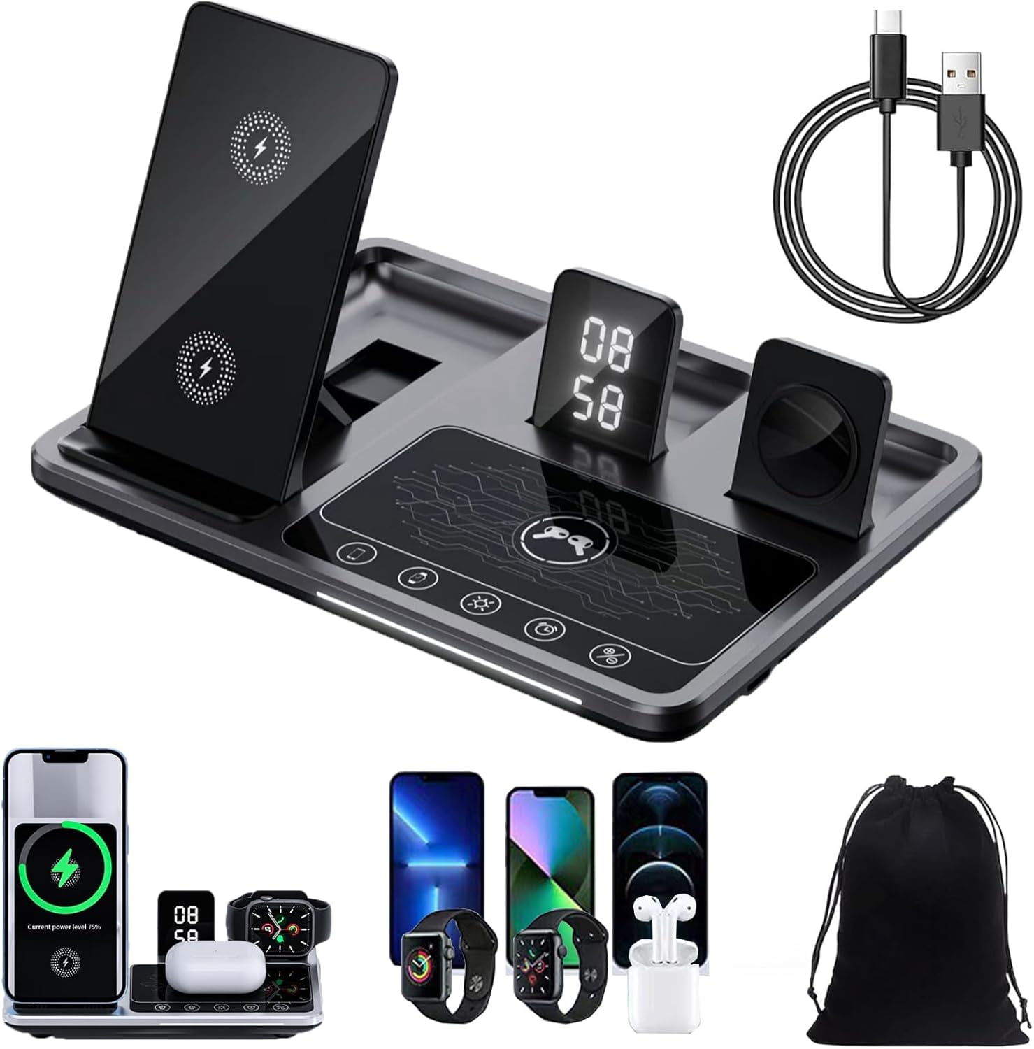 Zureze Station, 4 in 1 Alarm Clock Wireless Charger Stand, 30W Fast Multifunctional Wireless ...