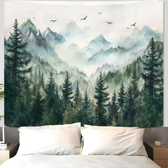 Zussun Misty Forest Mountain Tapestry Sage Green Nature Pine Tree ...
