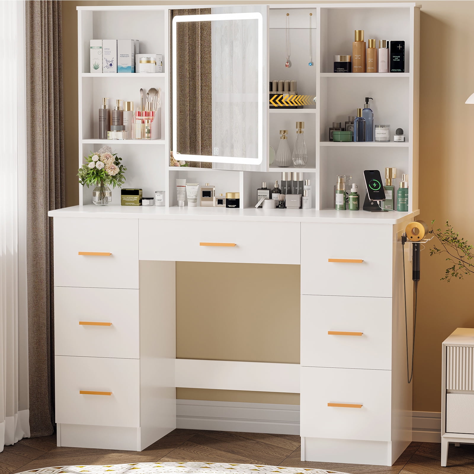 Zvivofla Vanity Desk with Mirror and Lights, Makeup Vanity with ...