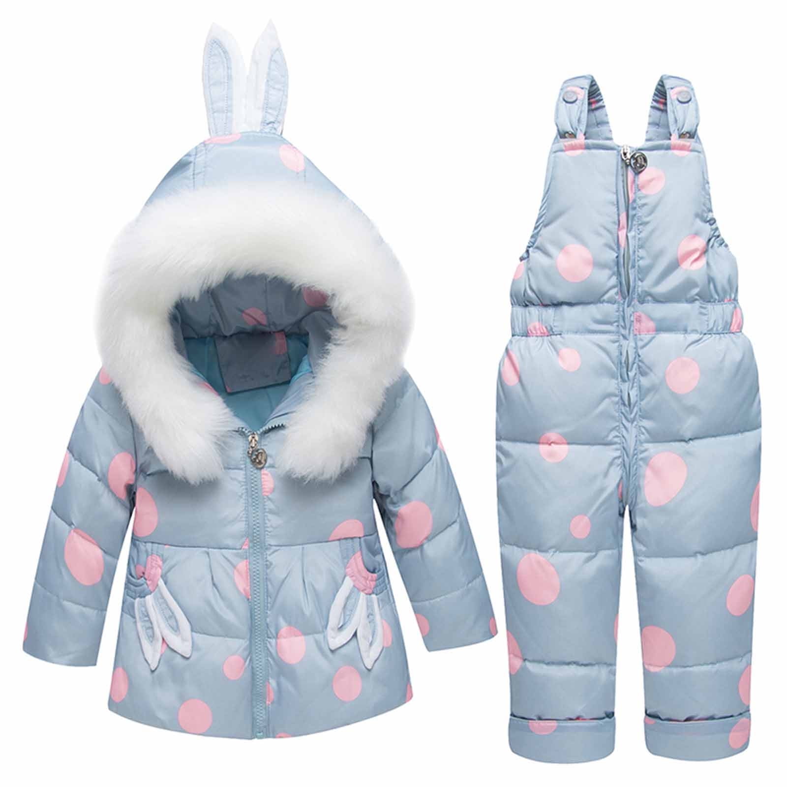 Zwiiyzr 2025 1-4 Years Toddler Girls and Boys 2 Piece Snowsuit Cute Ear Hood Polka Print Winter ...