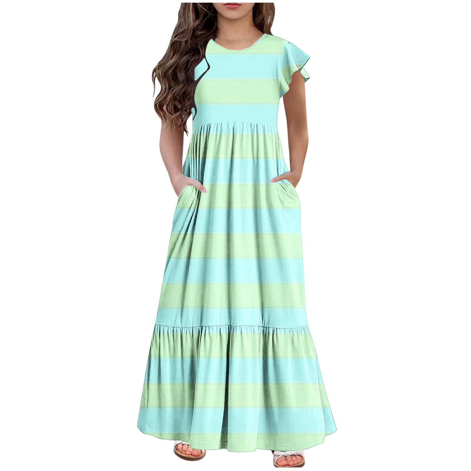 Zwiiyzr 6-12Y Girl's Summer Dresses Ruffle Sleeve Tiered Swing Midi ...