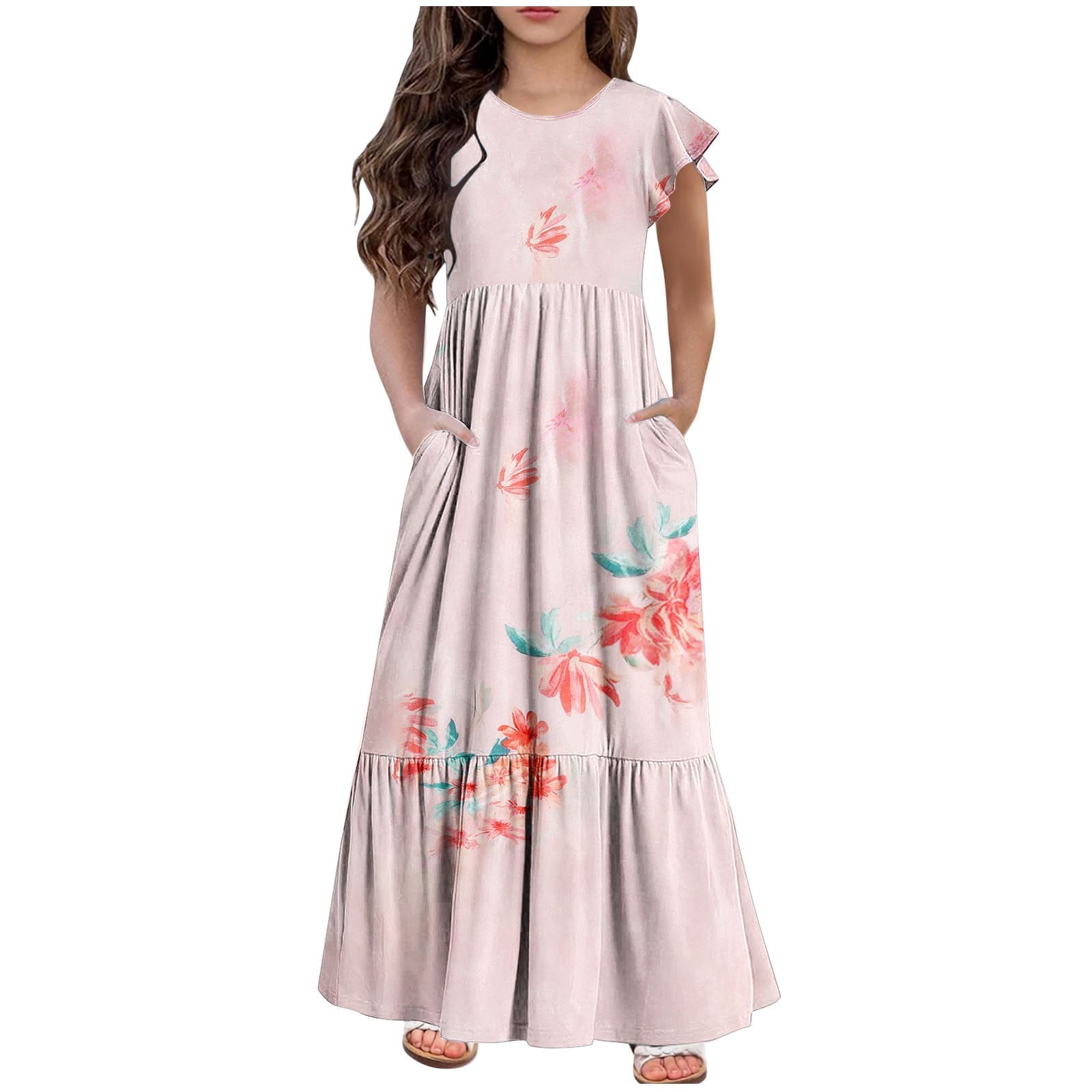 Zwiiyzr Floral Dress for Girls Ruffle Sleeve Boho Casual Flowy Swing ...