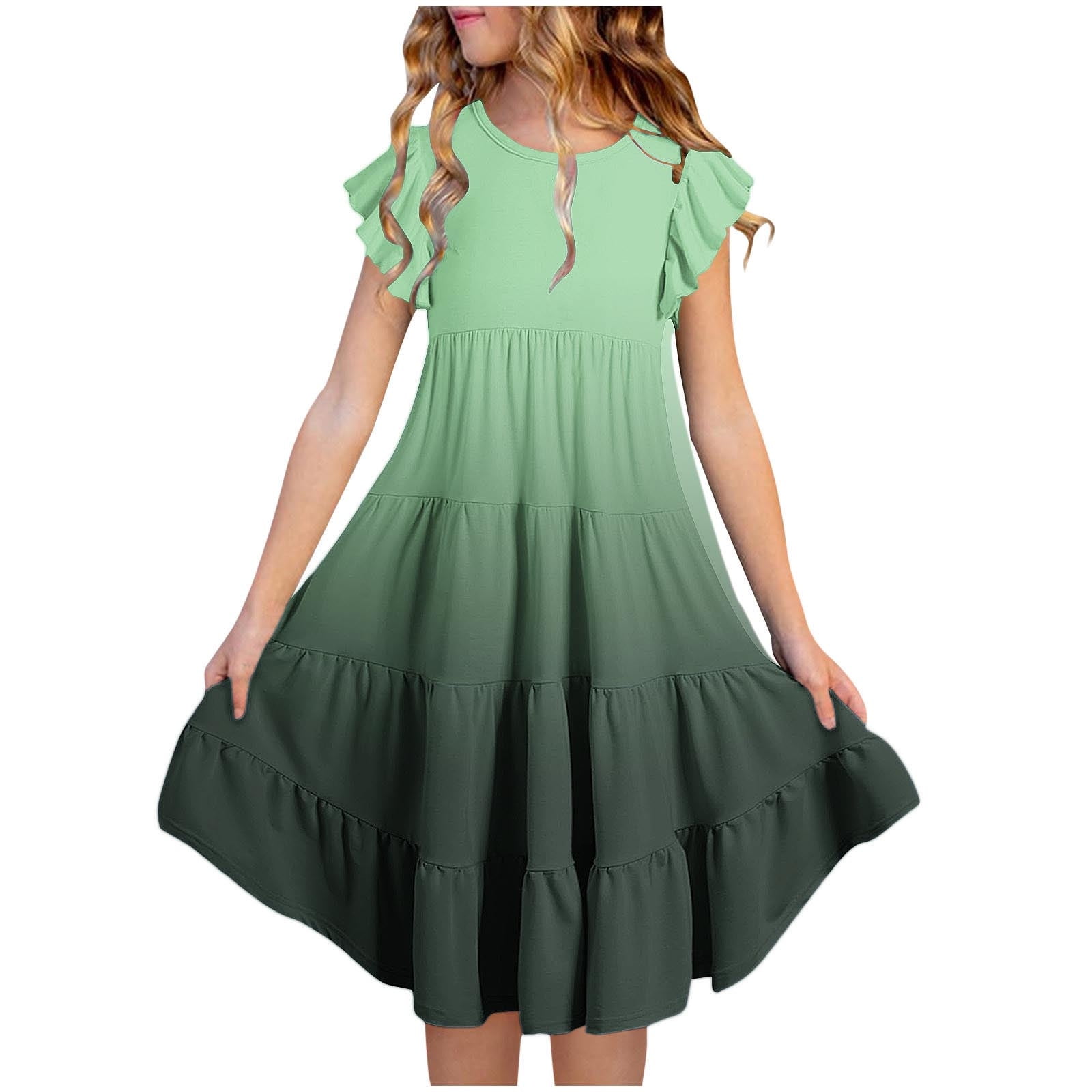 Zwiiyzr 2025 Girls Gradient Dress Flutter Sleeve Round Neck Tiered Midi ...