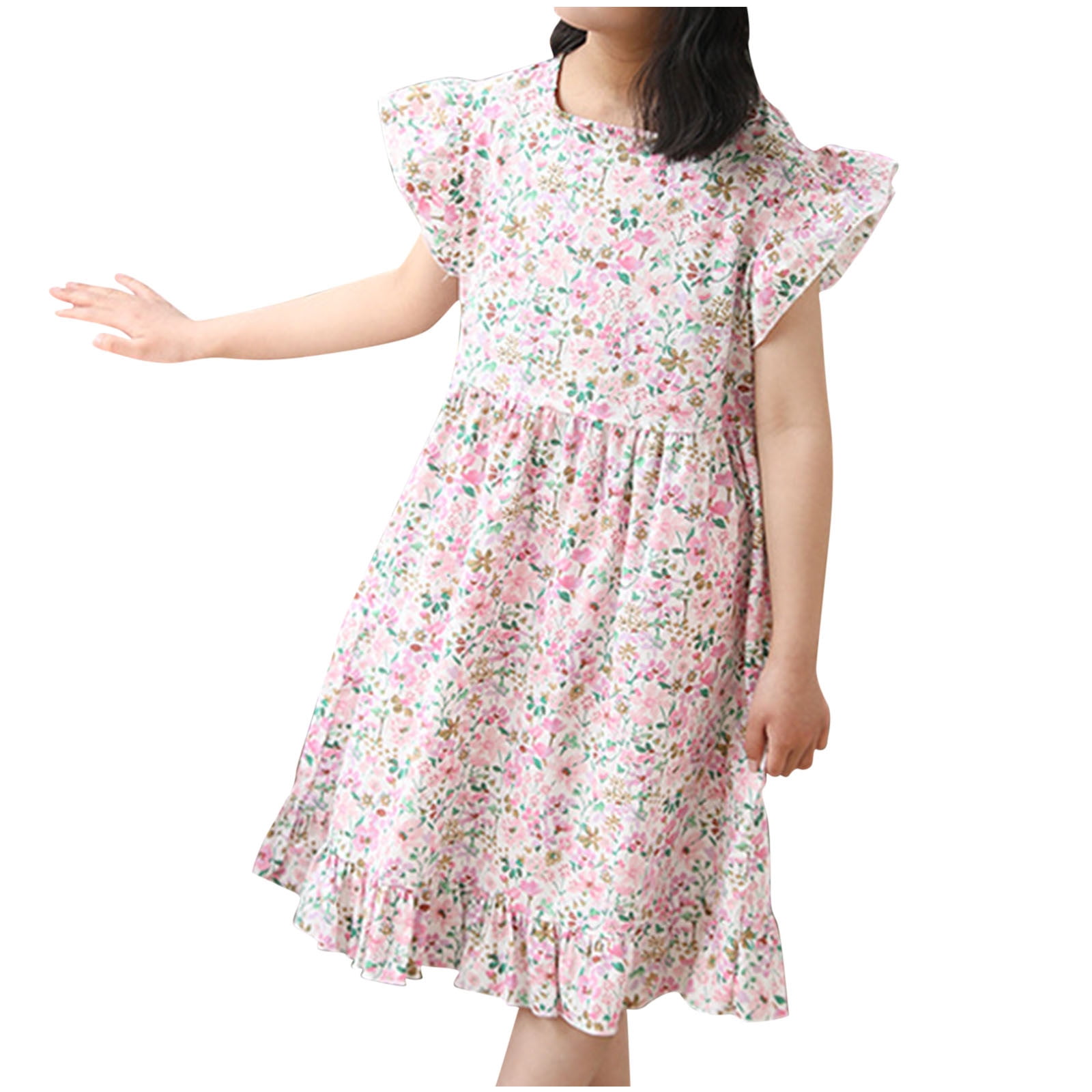 Zwiiyzr Girls Ruffled Dress Flutter Sleeve A-Line Sundress Casual ...