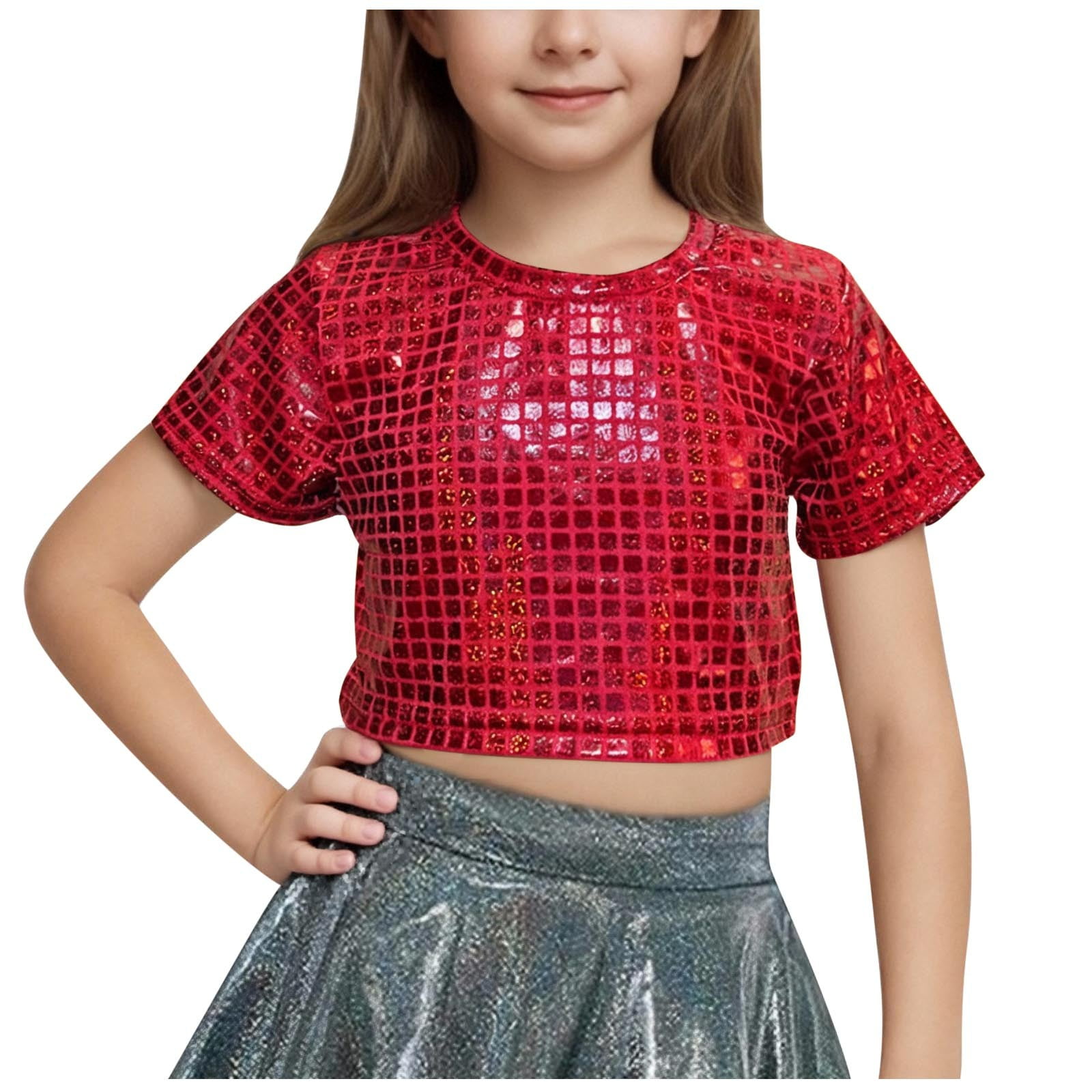 Zwiiyzr 2025 Girls Sequins Dance Tops Short Sleeve Sparkle Crop Tops ...