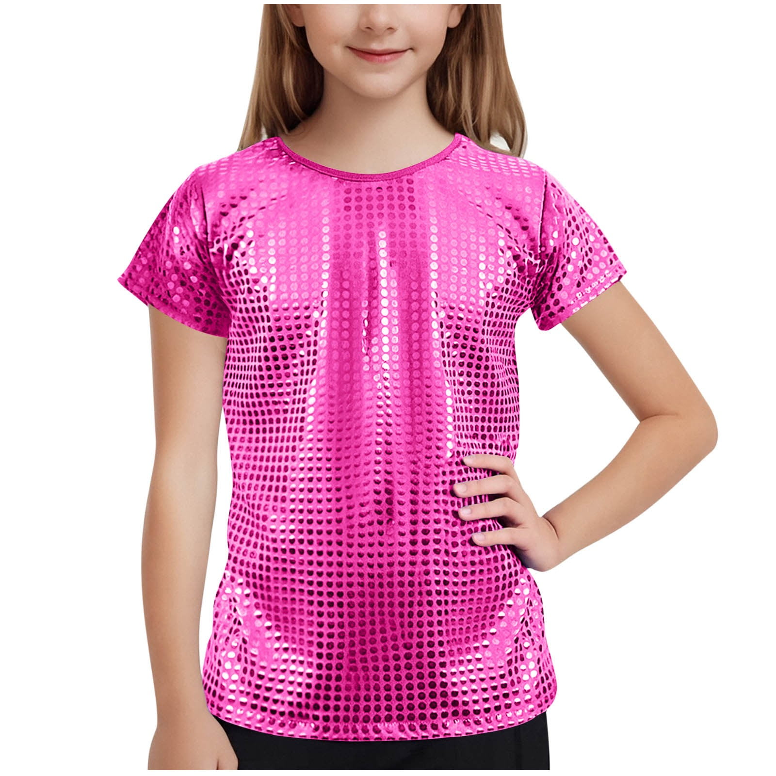 Zwiiyzr 2025 Girls Sequins Dance Tops Short Sleeve Sparkle Tops ...