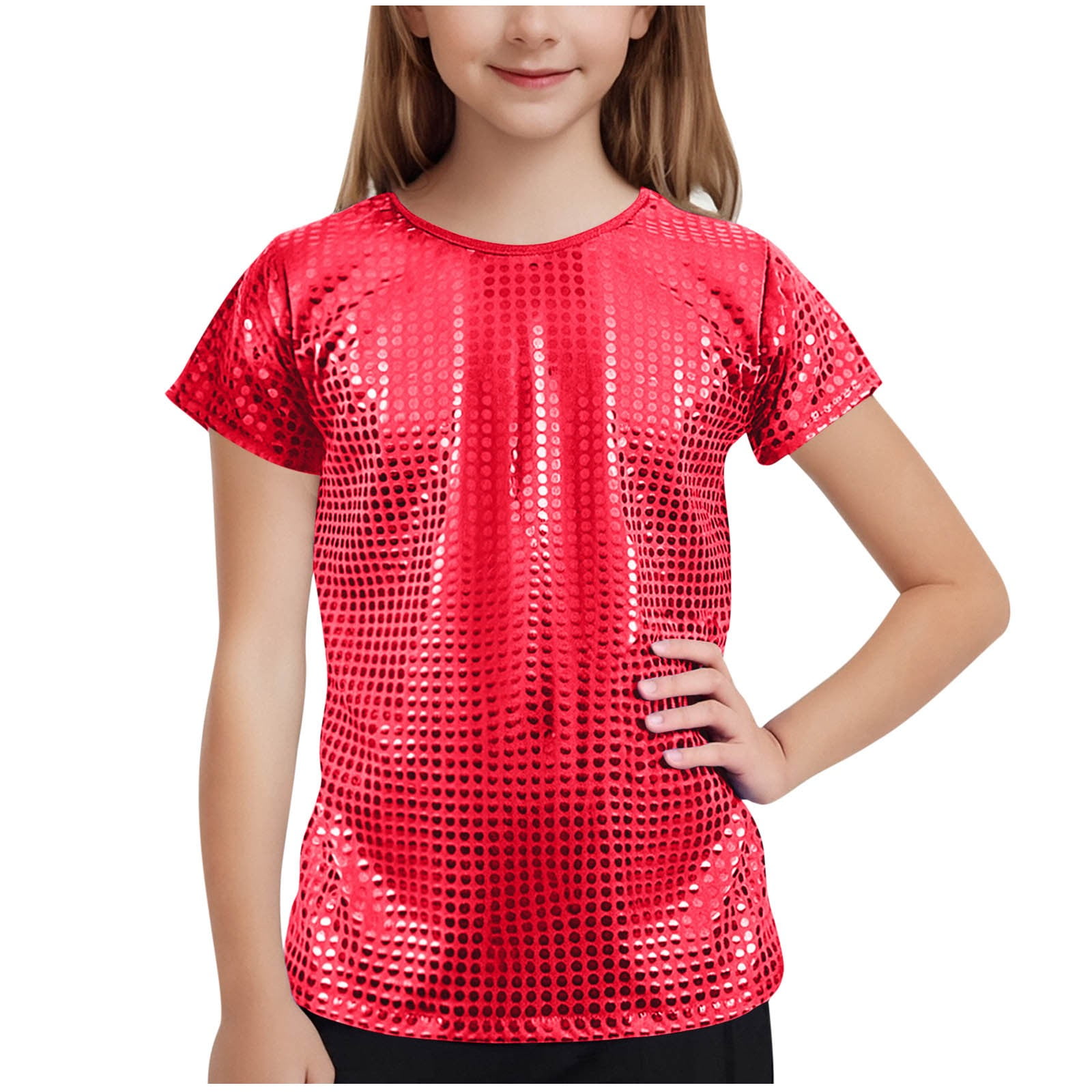Zwiiyzr 2025 Girls Sequins Dance Tops Short Sleeve Sparkle Tops ...