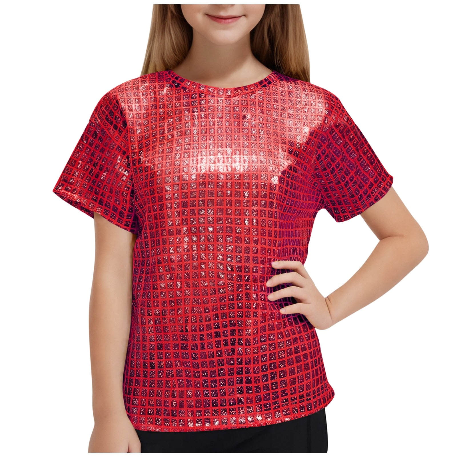 Zwiiyzr 2025 Girls Sequins Dance Tops Short Sleeve Sparkle Tops ...