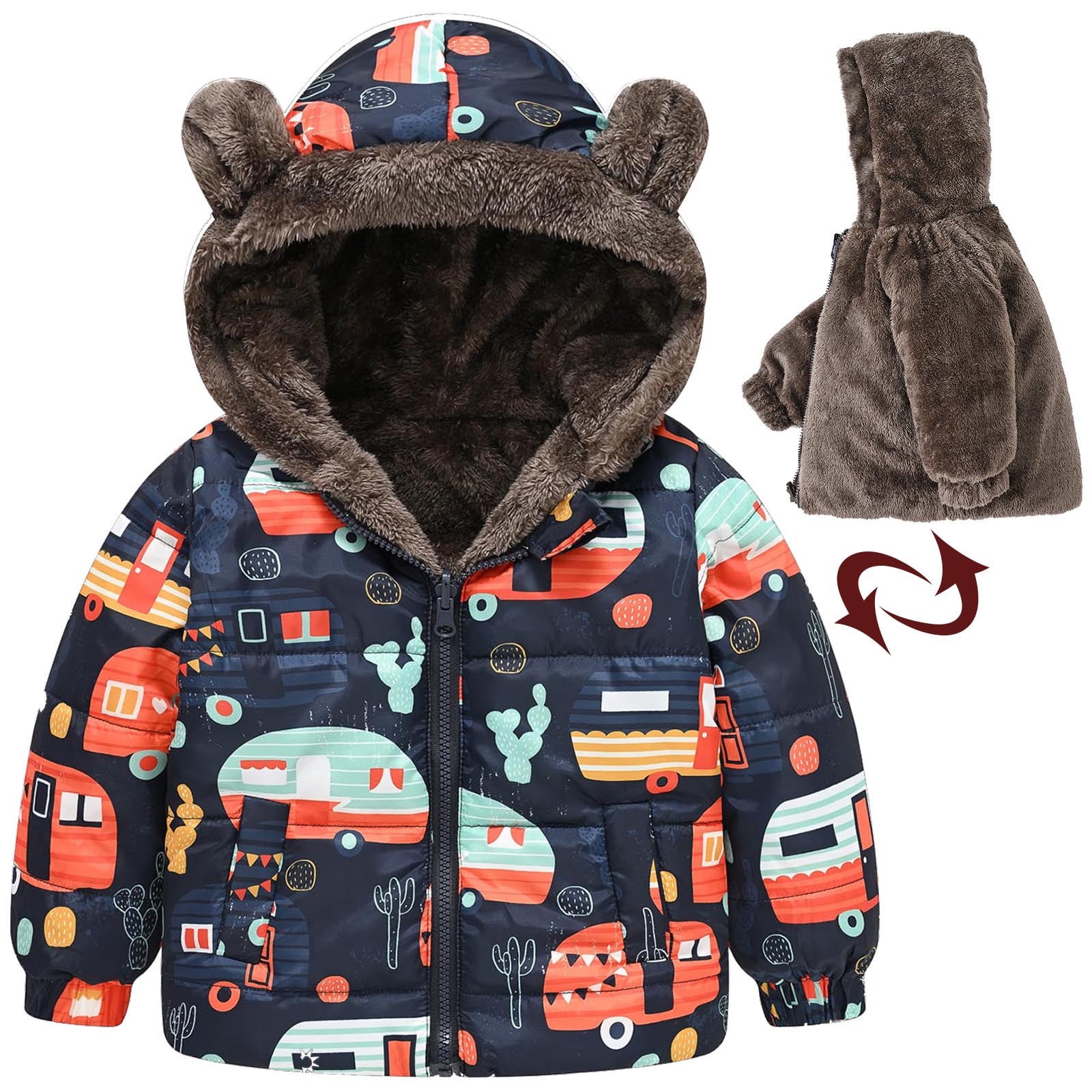 Zwiiyzr 2025 Toddler Baby Cute Bear Ears Fleece Lined Hooded Down Jacket Kids Boys Girls Thicken ...