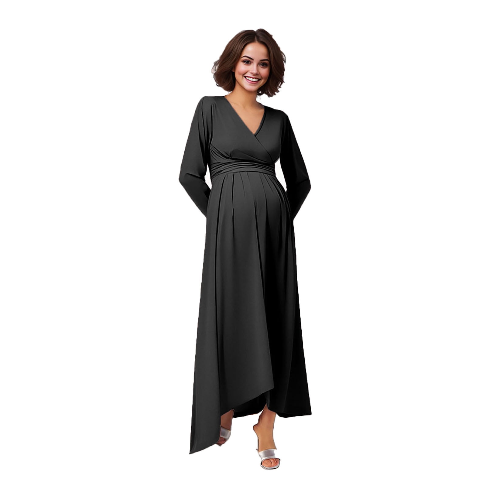 Zwiiyzr 2025 Womens Maternity Dress Long Sleeve V Neck Pregnancy ...