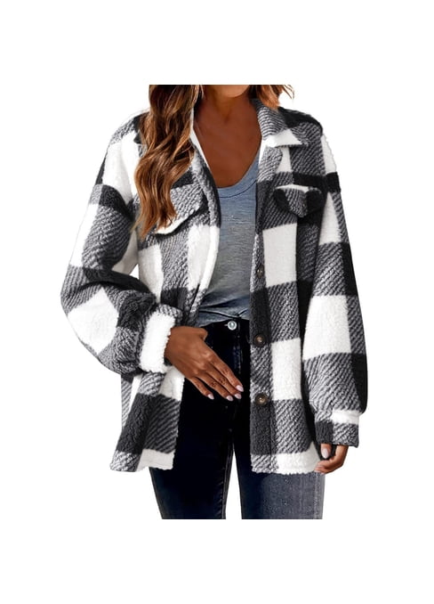 MOSHU Women's Flannel Plaid Shacket Jacket with Hood and Pocket, Button ...