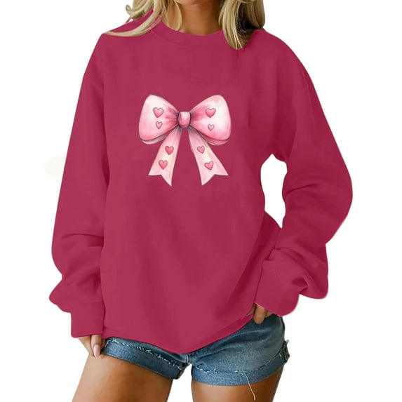 Zwiiyzr Womens Ribbon Bow & Love Heart Print Crewneck Sweatshirt Long ...