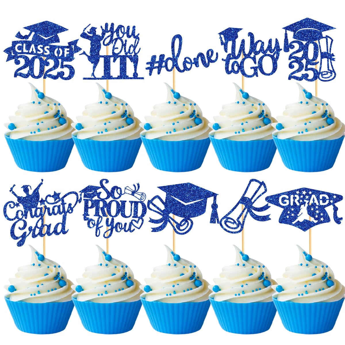 Zycozzn 60 Pcs Graduation Cupcake Toppers, Blue, MDH1Class of 2025, 10 ...
