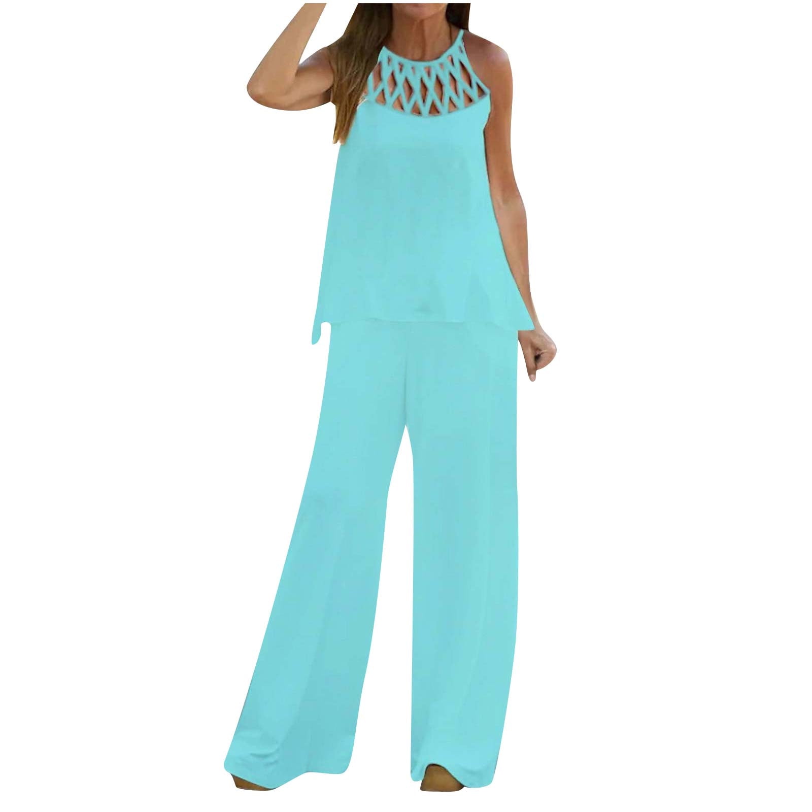 ZyeKqe Beach Sets for Women Sleeveless Tank Top and Wide Leg Pants ...